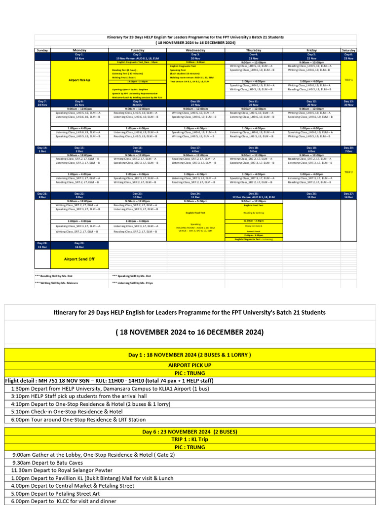 Itinerary For FPTUs Batch 21 English Programme - Nov Dec 2024 - Daily ...
