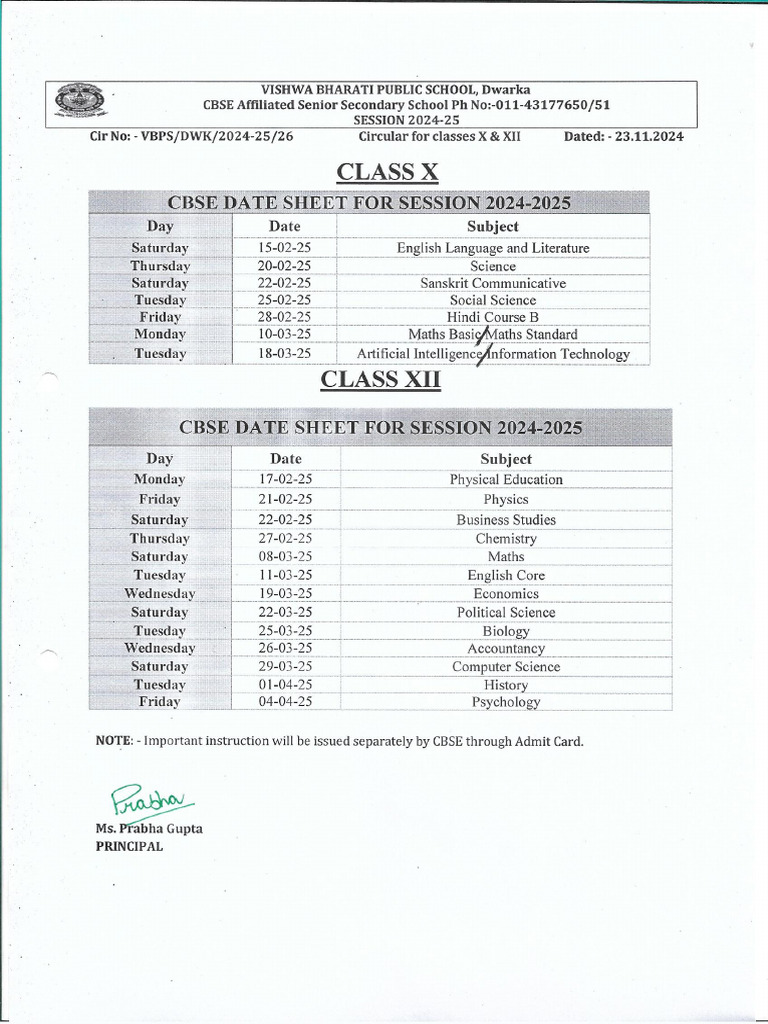 26 Circular Board Date Sheet For Class X & XII | PDF