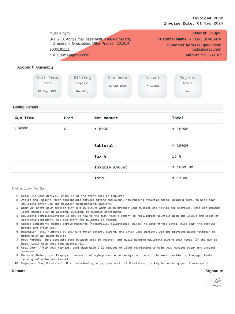 Gym Bill Template 1 | PDF | Physical Exercise | Physical Fitness