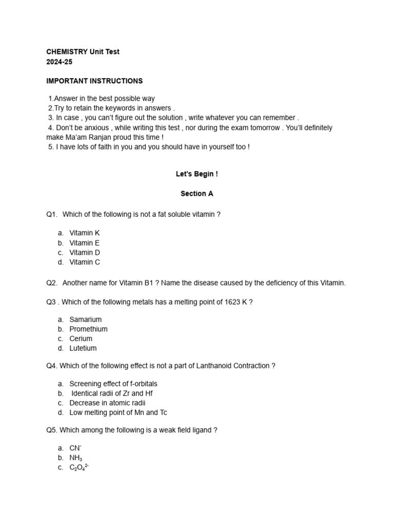 CHEMISTRY Unit Test | PDF | Transition Metals | Materials