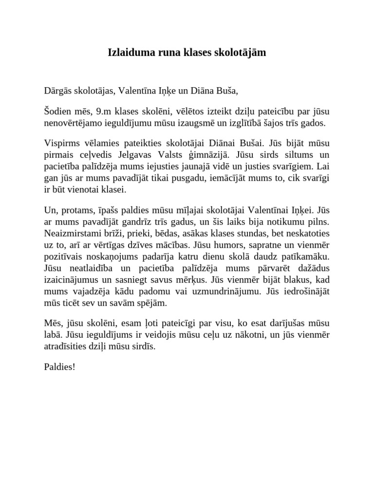 Izlaiduma Runa Klases Skolotājām | PDF