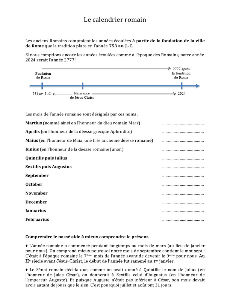 Le Calendrier Romain : Histoire et Mois | PDF