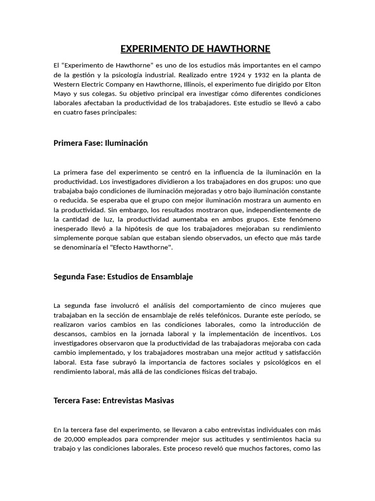 Experimento de Hawthorne | PDF | Conceptos psicologicos | Ciencias del comportamiento