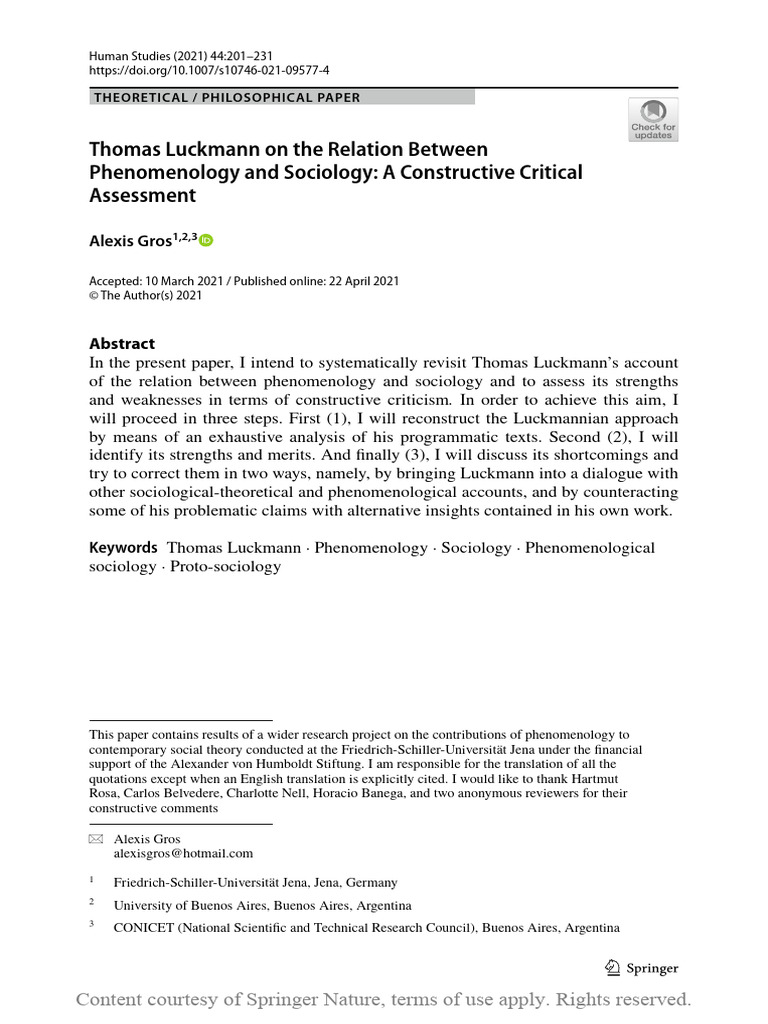 Thomas Luckmann On The Relation Between Phenomenology and Sociology A Constructive Critical ...
