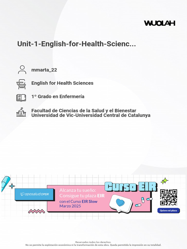 Wuolah Free Unit 1 English For Health Sciences | PDF | Heart | Heart Valve