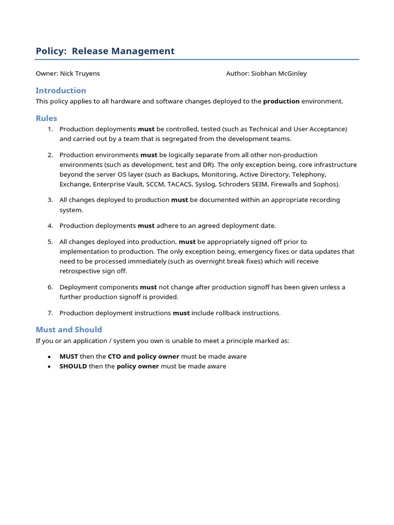 Schroders Production Deployment Policy | PDF