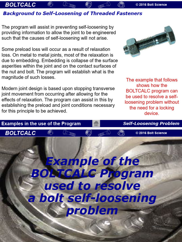 BOLTCALC PROGRAM_ Self-Loosening of Threaded Fasteners | PDF ...