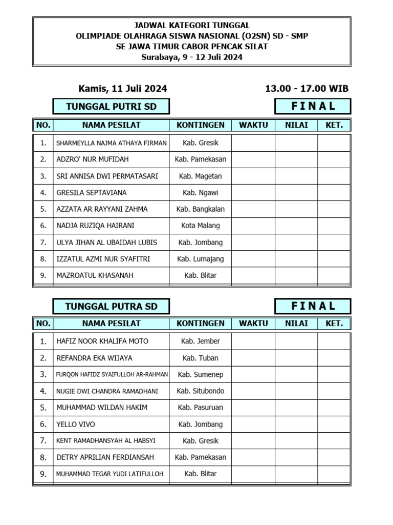 Jadwal Final O2SN Pencak Silat 2024 | PDF