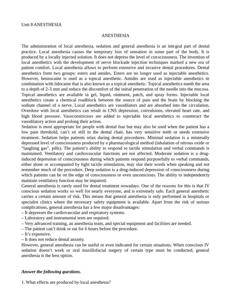 Unit 8 Anesthesia | PDF | Anesthesia | Health Care