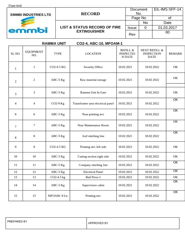 Fire Extinguisher Status Record EIL-IMS | PDF