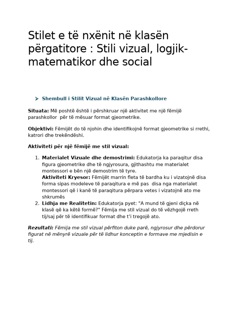Shembull I Stilit Vizual Në Klasën Parashkollore | PDF