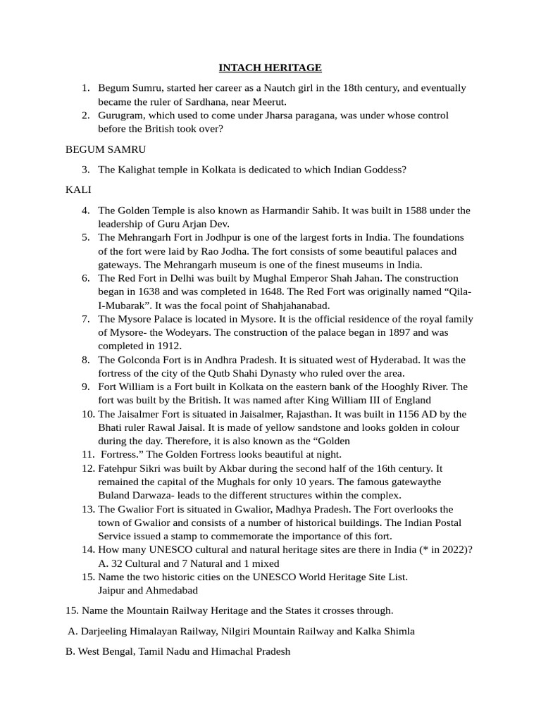 Intach Heritage Quiz | PDF