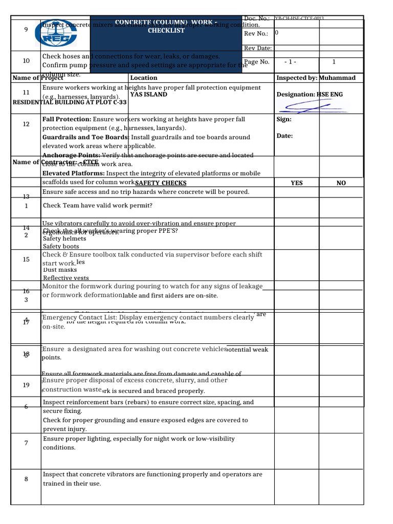 -Checklist-for-column CONCRETE | PDF | Concrete | Personal Protective ...