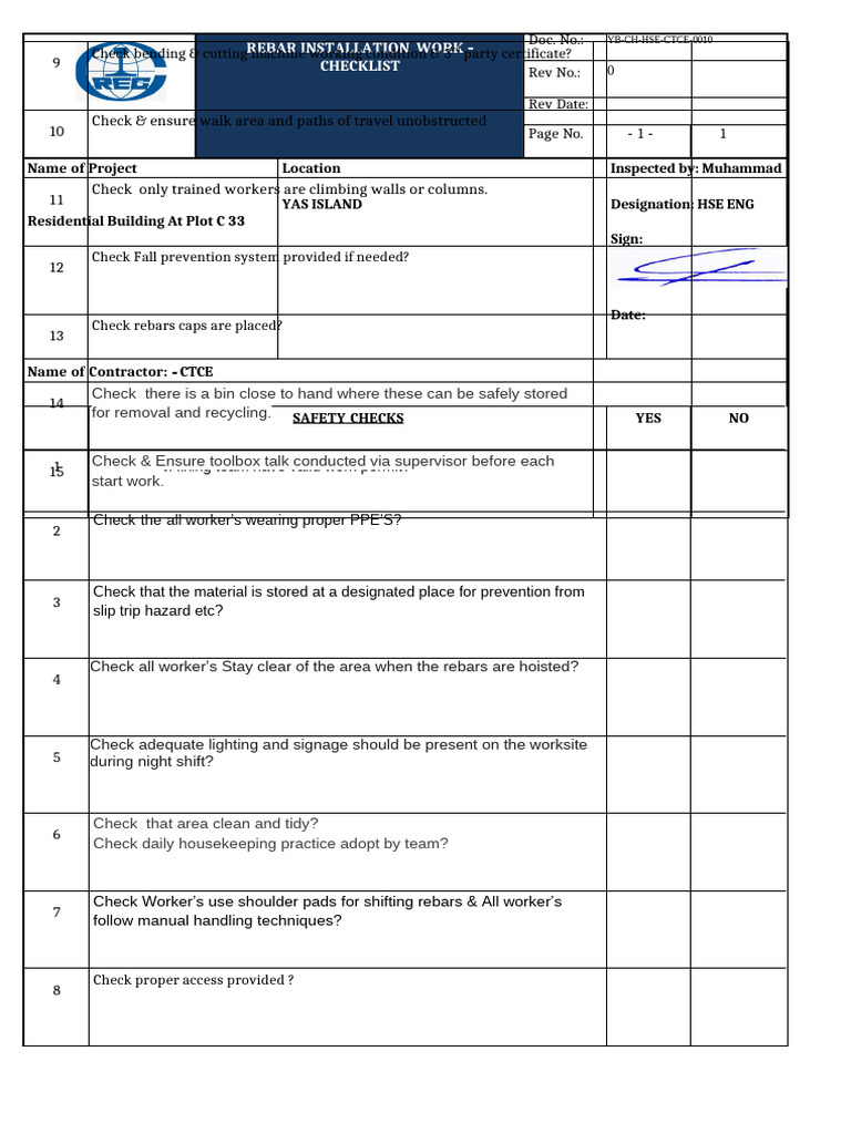 Checklist-For-Steel Fixing | PDF | Safety