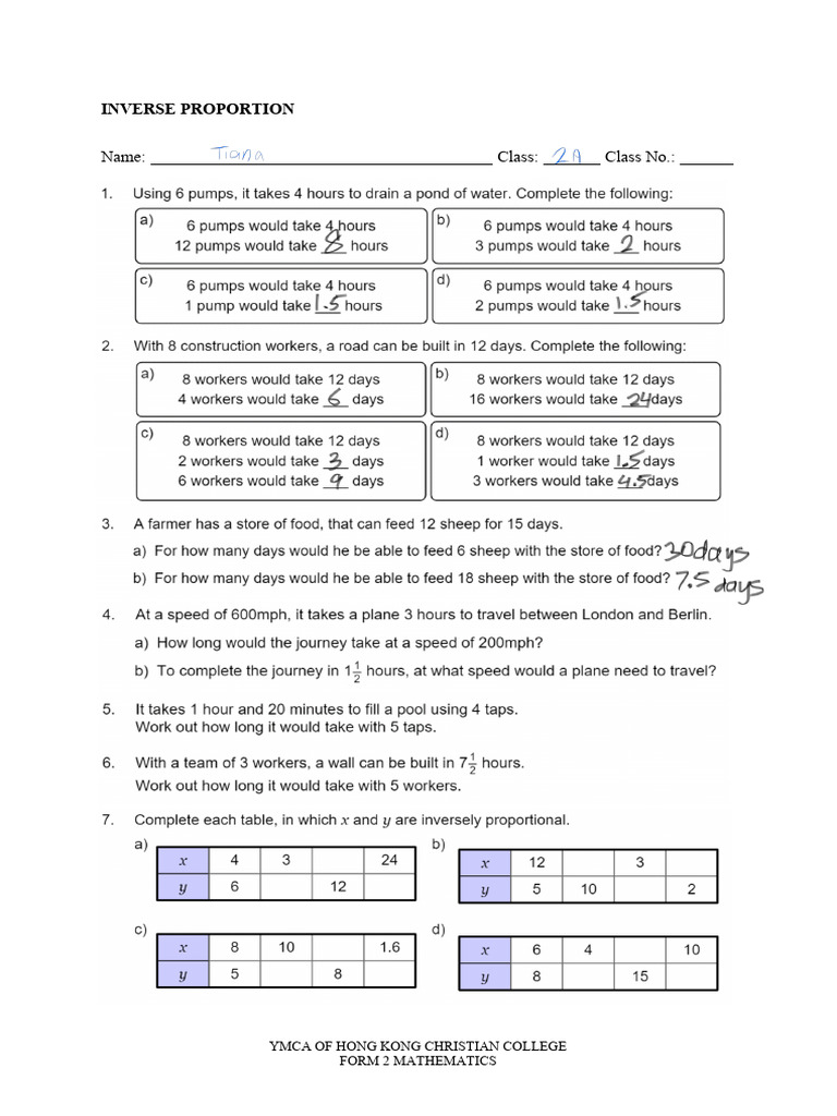 Inverse Proportion Worksheet 2 | PDF