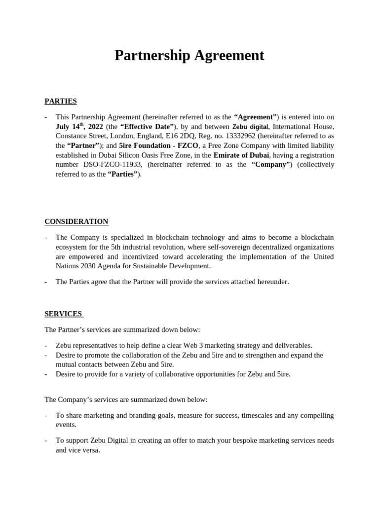Partnership Agreement for Zebu & 5ire | PDF | Confidentiality | Damages