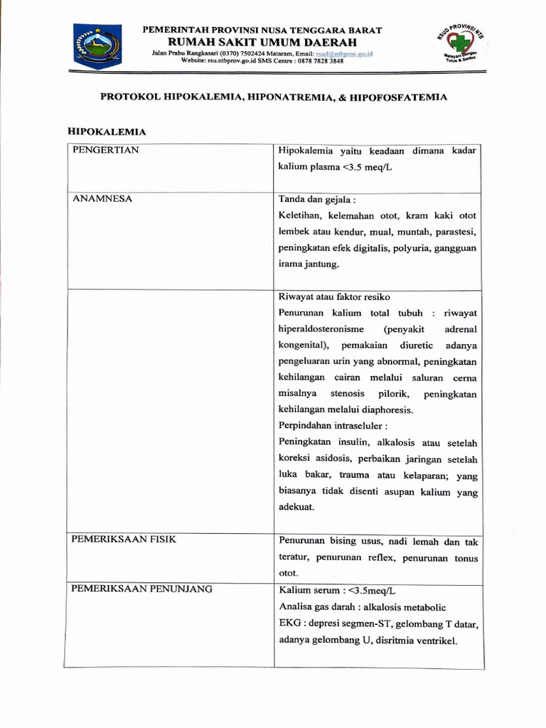 Protokol Hipokalemia, Hiponatremia, Hipofosfatemia | PDF