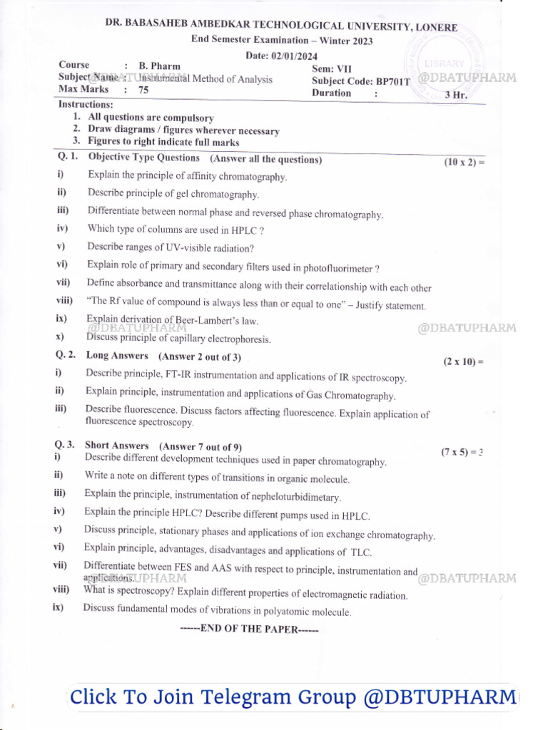 DBATU 7 TH SEM WINTER 2023 PYQ | PDF | Chromatography | High Performance Liquid Chromatography