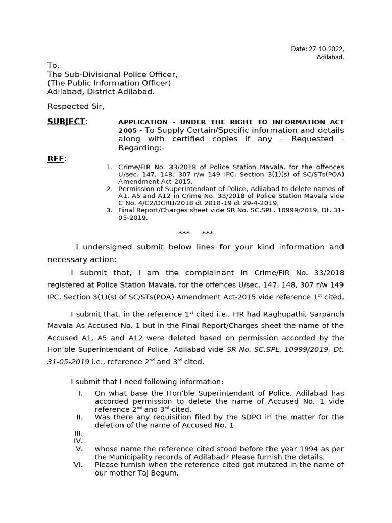 RTI Application Before Municipality - Faheema & Nazeer | PDF | Criminal Law | Justice