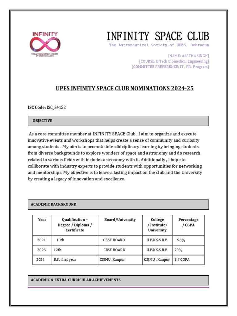 Infinity Space Club Nomination 2024 | PDF