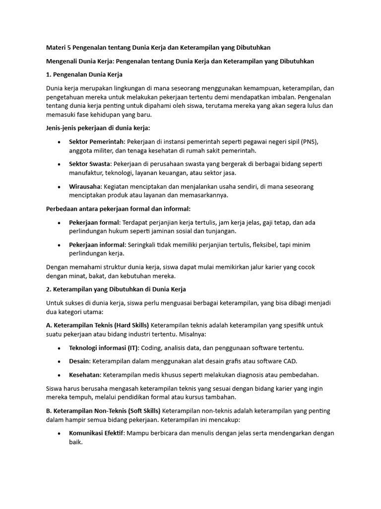 Materi 5 Pengenalan Tentang Dunia Kerja Dan Keterampilan Yang Dibutuhkan | PDF