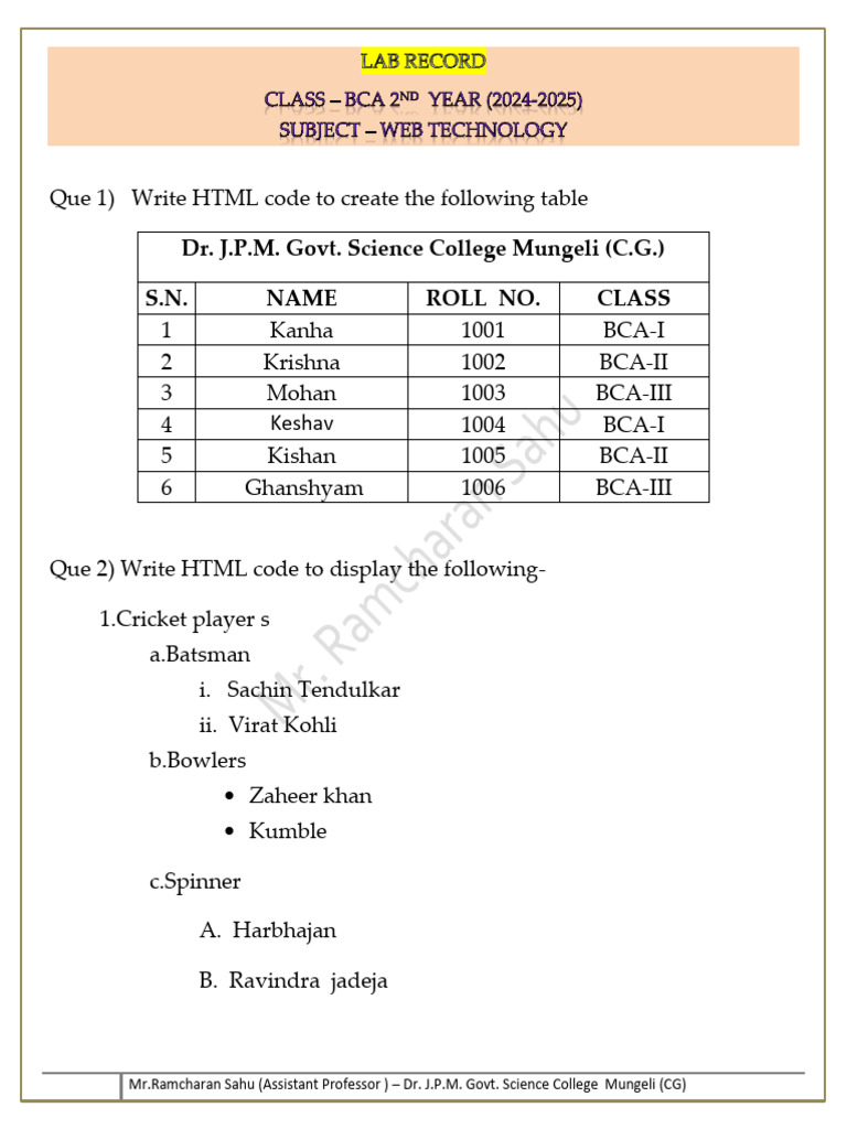 Web Technology Lab Record for BCA 2nd Year | PDF