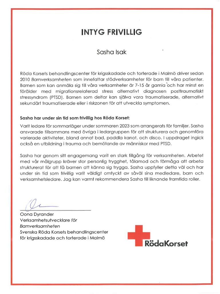 Intyg - Sasha Röda Korset Sommarlagret July 2023 | PDF