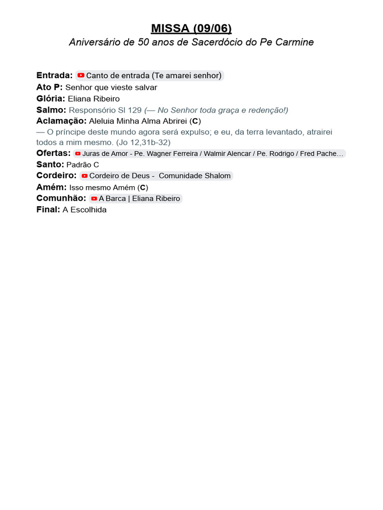 MISSA 50 Anos Pe Carmine (09-06-2024) | PDF | Crença e doutrina ...