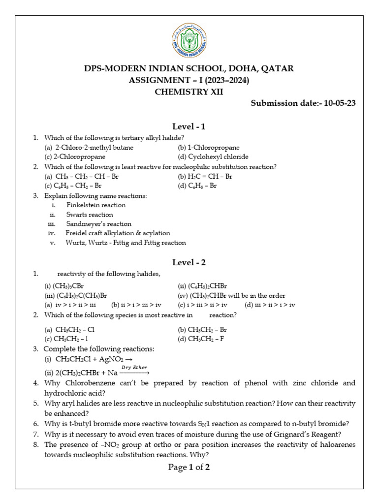 Assignment 1 XII CHEMISTRY2023-24 | PDF | Chlorine | Chemical Substances