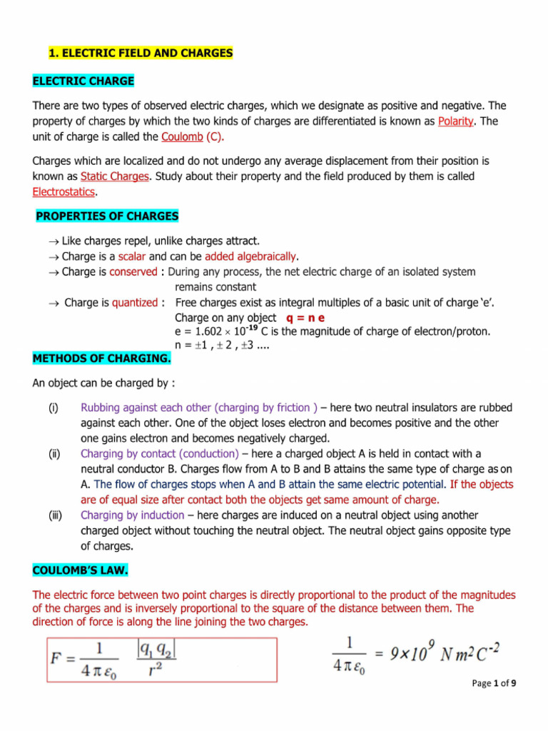 Chapter-1 Electric Charges and Fields | PDF