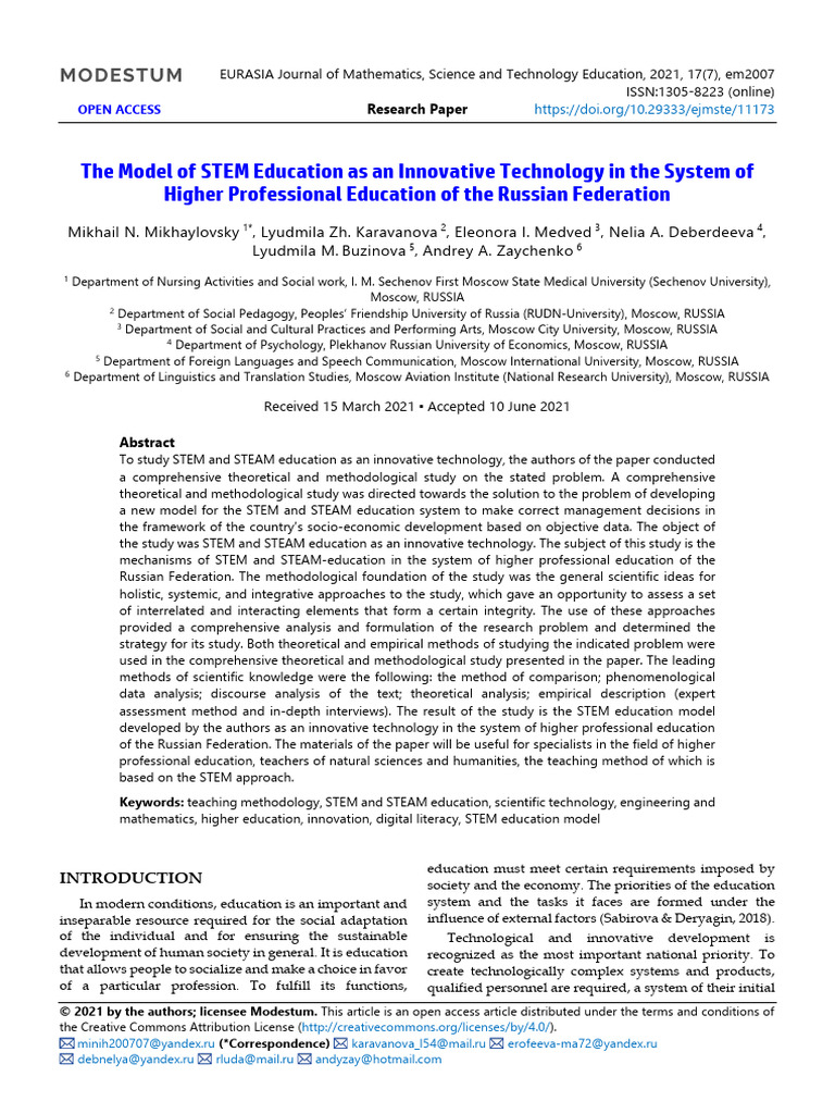 The Model of Stem Education As An Innovative Technology in The System ...