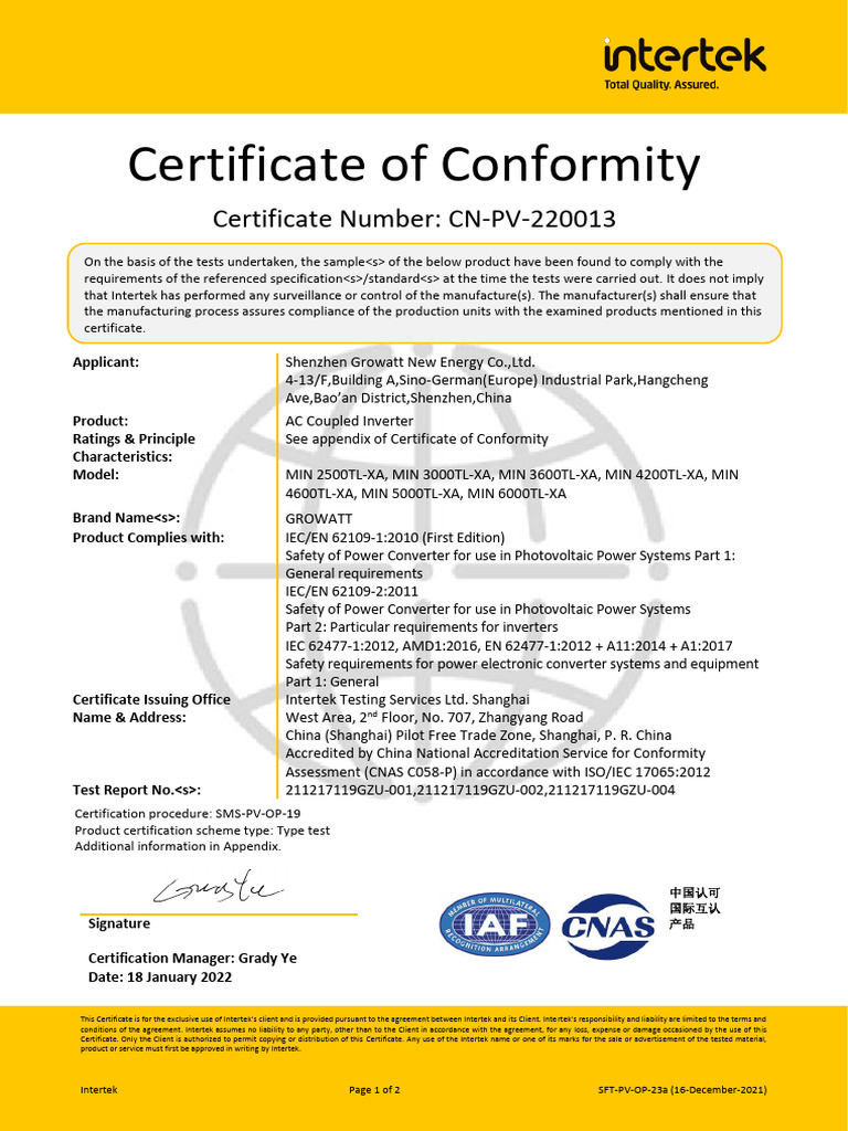 04 certificado growatt | PDF | International Electrotechnical Commission | Electrical Engineering