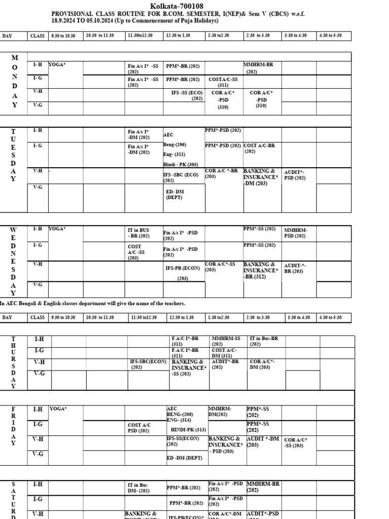B.Com Semester Class Schedule | PDF