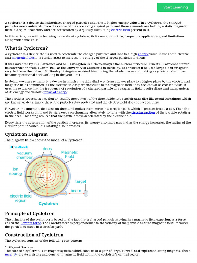 Cyclotron - Diagram, Principle, Construction, Working, and Uses | PDF