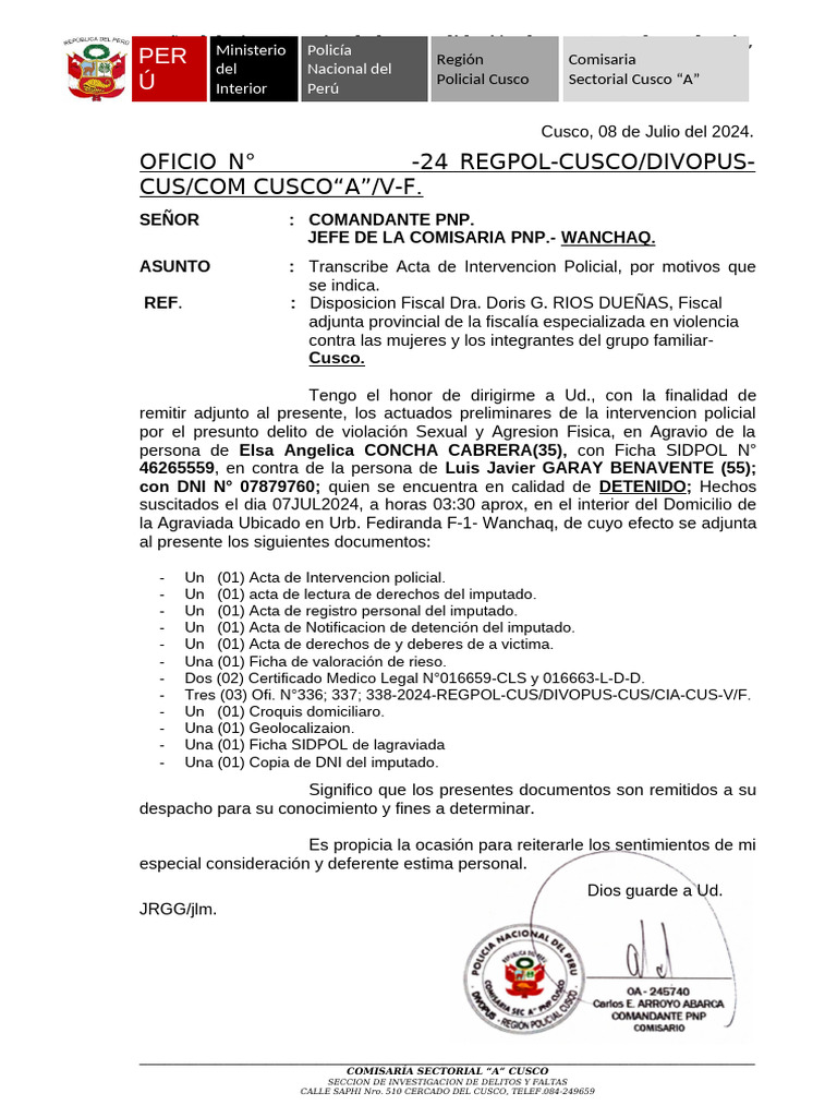 Ofc. para Remitir Actuados Policiales A La Fiscalia 1 | PDF | Fiscal | Perú