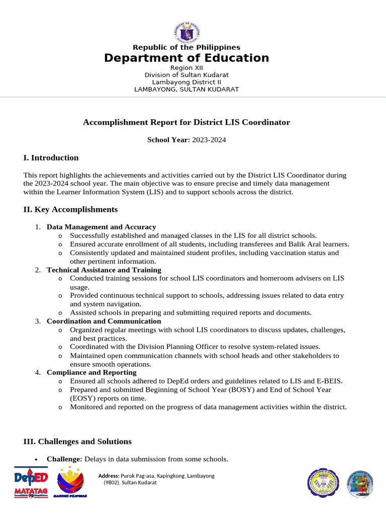 ACCOMPLISHMENT-REPORT-ON-DISTRICT-LIS | PDF | Information And ...