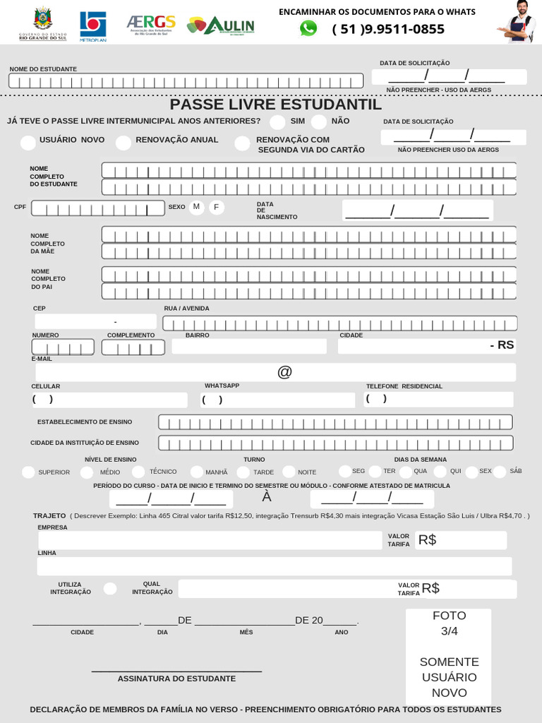 FORMULÁRIOS PASSE LIVRE ESTUDANTIL | PDF
