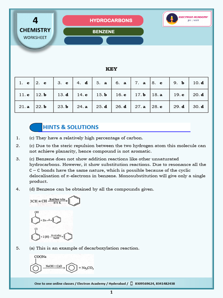 BENZENE WORK SHEET 4 KEY & Solutions | PDF | Aromaticity | Materials