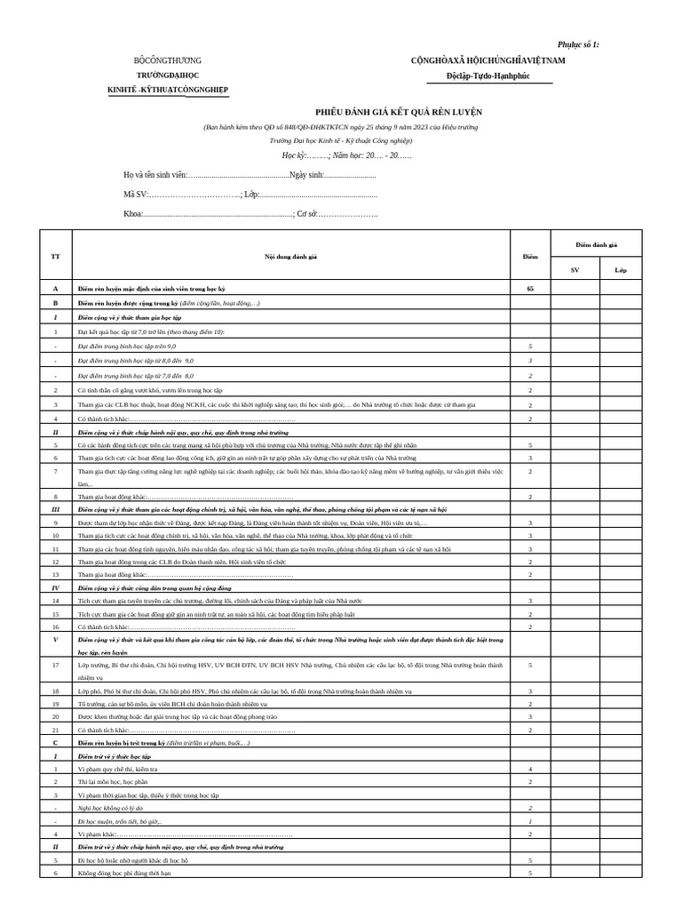 2.-Phieu-Danh-Gia-Ket-Qua-Ren-Luyen-Sinh-Vien (C) | PDF