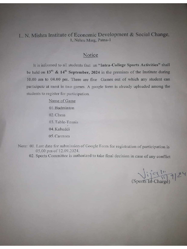 Notice For Sports Activities | PDF