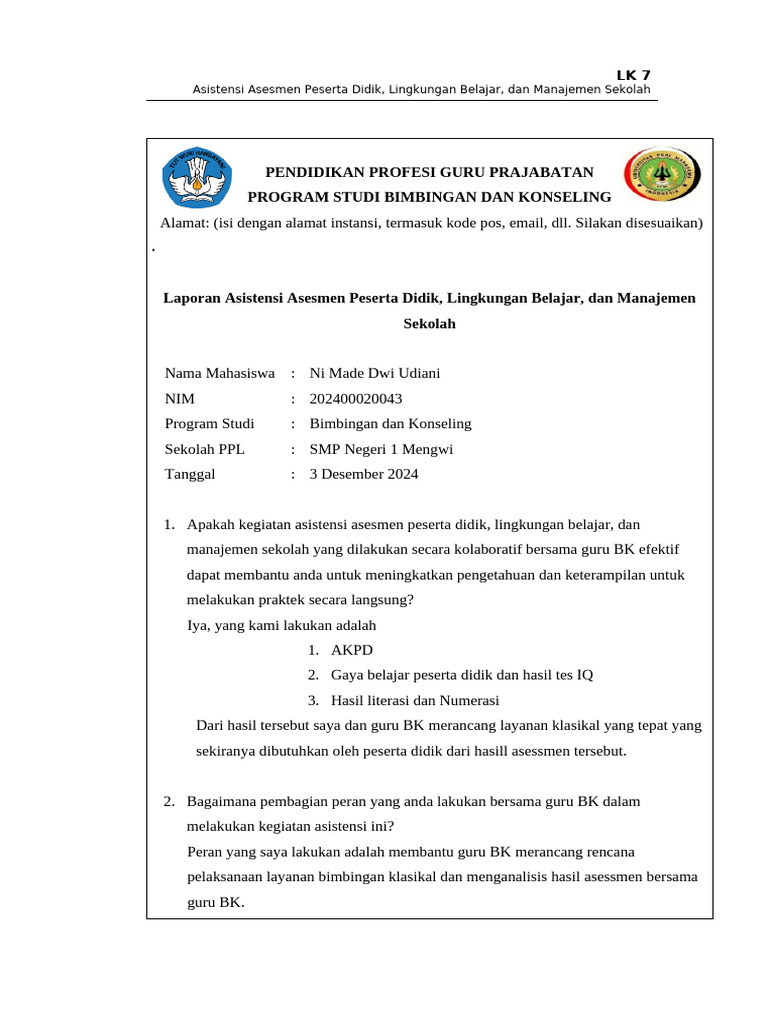 LK 7 - Asistensi Asesmen Peserta Didik, Lingkungan Belajar, dan Manajemen Sekolah | PDF