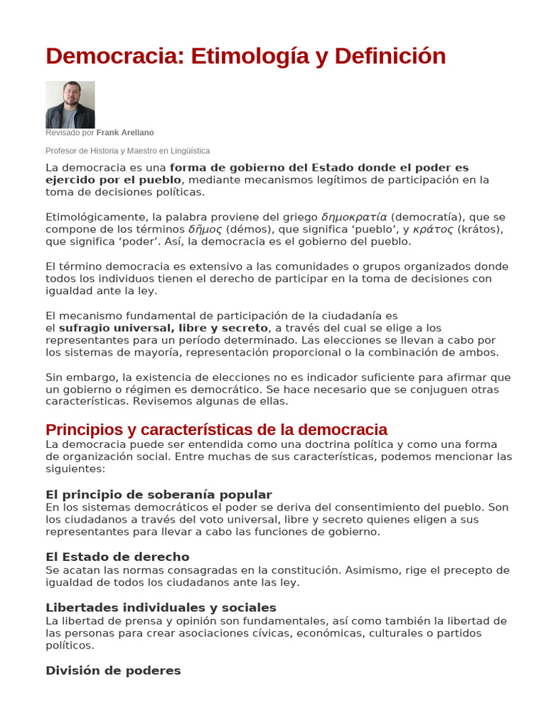Definición y Etimología de la Democracia | PDF | Democracia ...