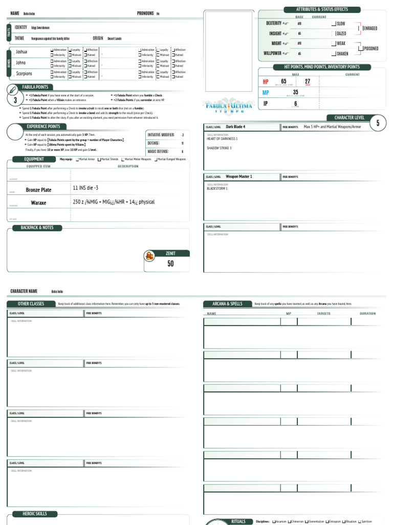 Fabula Ultima Character Sheet | PDF | Role Playing | Gaming