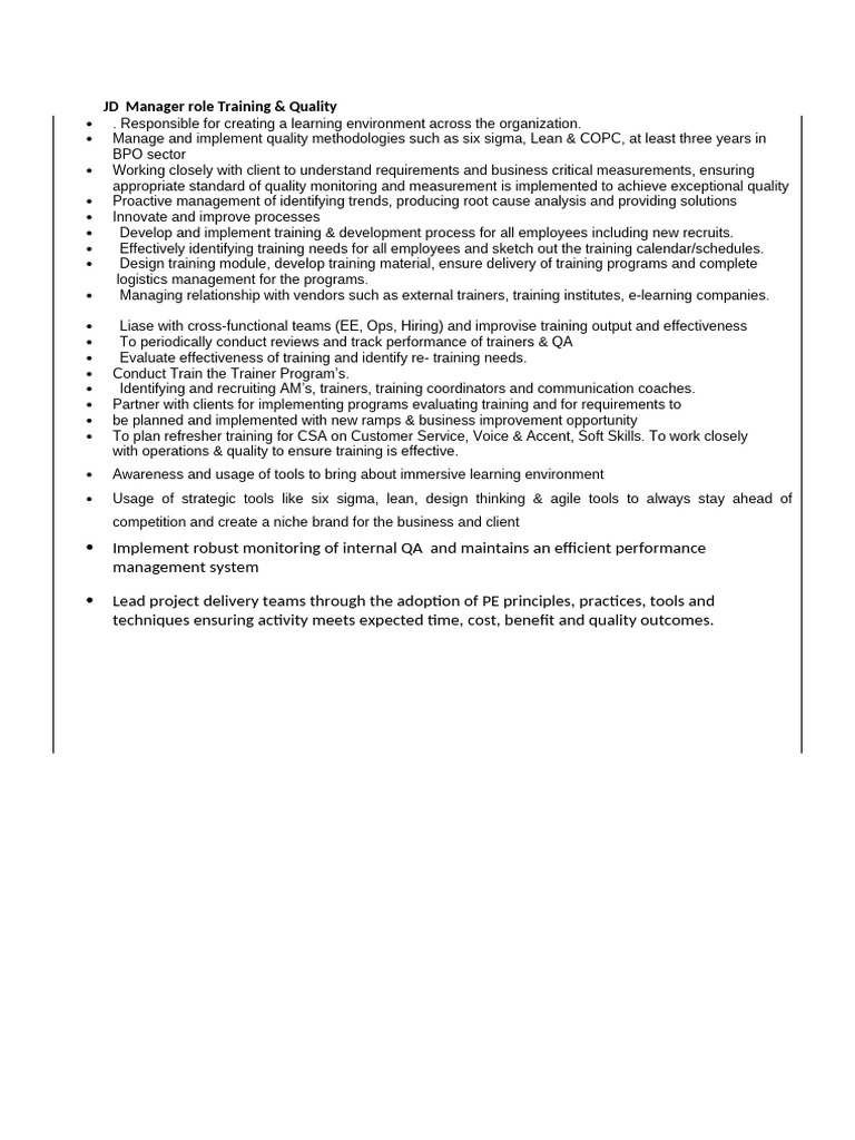 JD Manager Training & Quality | PDF | Six Sigma | Cognition