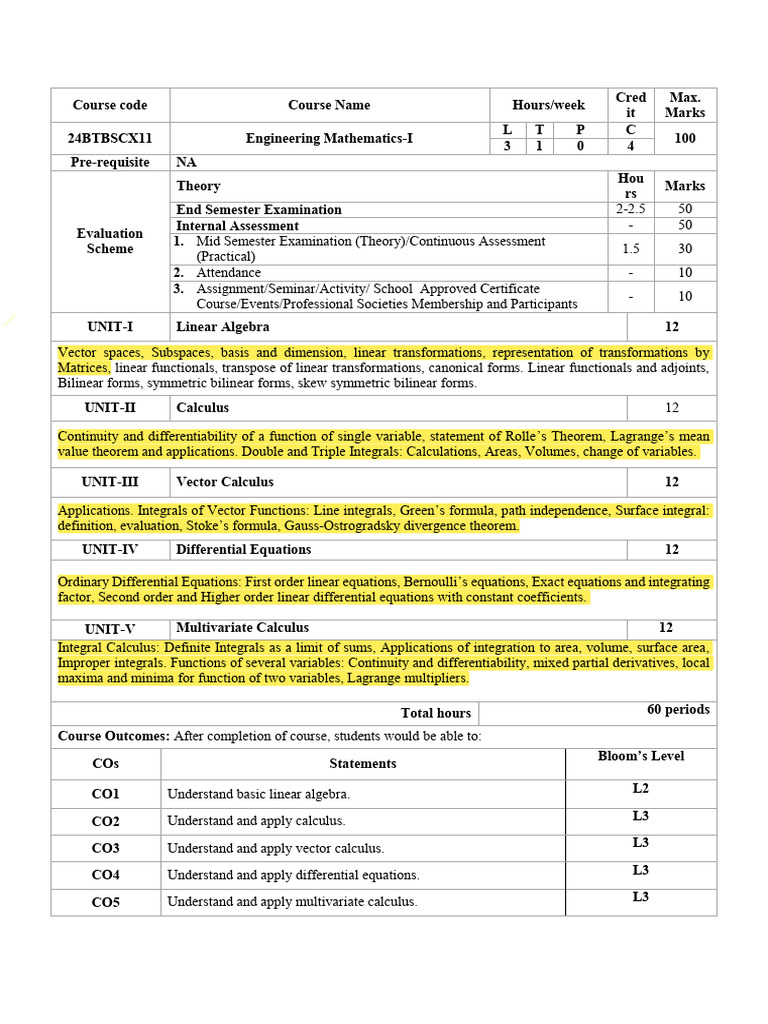 Engineering Math Course Outline | PDF | Integral | Linear Map