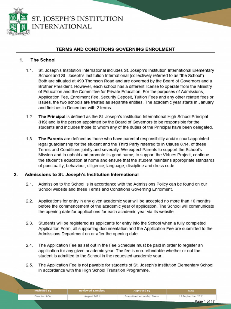 St. Joseph's Institution Enrollment Terms | PDF | Passport | University ...
