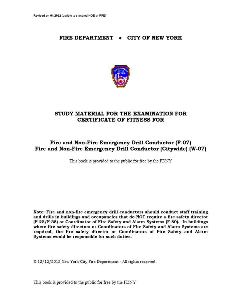 FDNY F-07/W-07 Exam Study Guide | PDF | Fire Safety | Emergency Evacuation