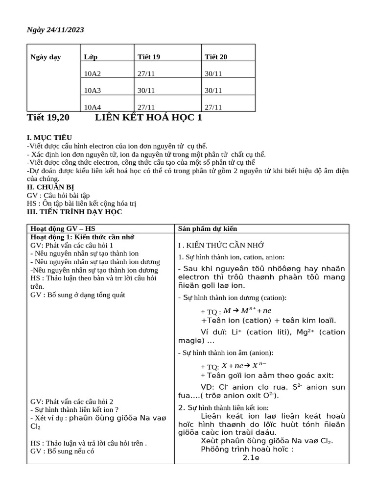 Tuần 13-Môn Hoá - PĐ 10a2,3,4-Tiet 19,20 2 | PDF