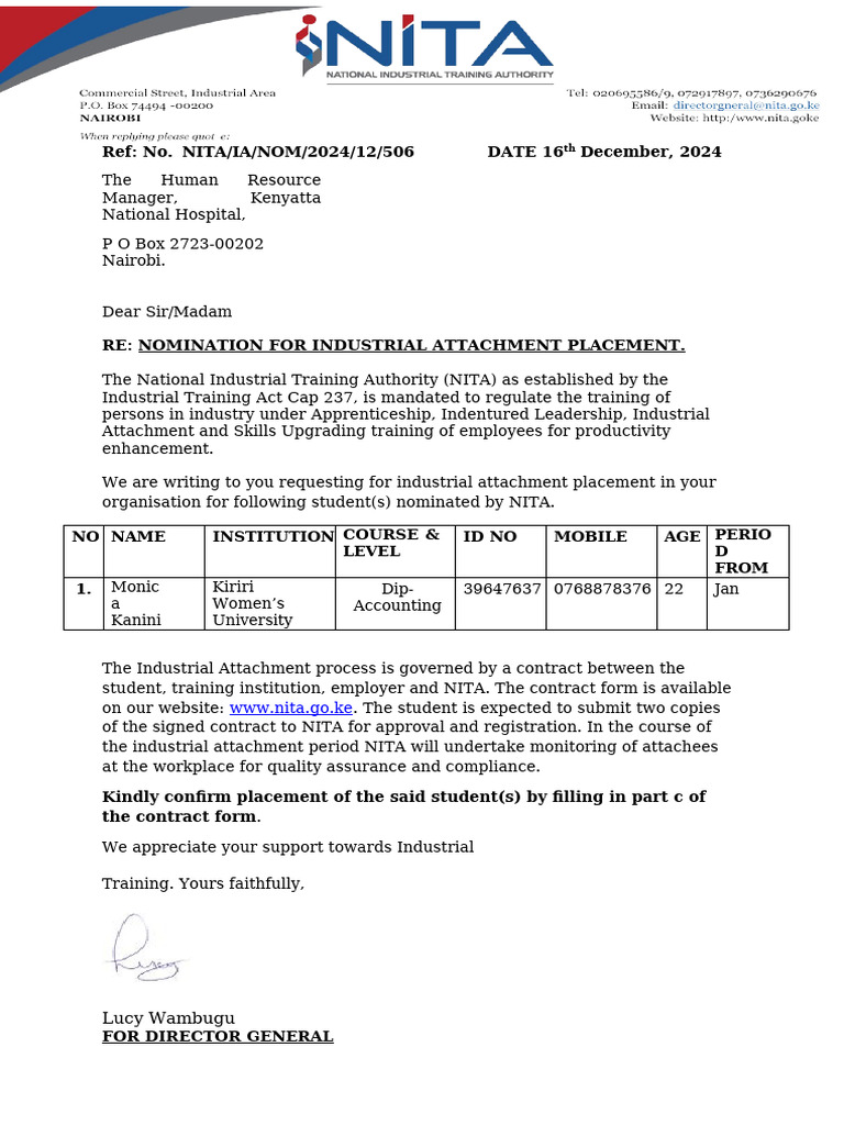 Industrial Attachment Request for Kitui Hospital | PDF