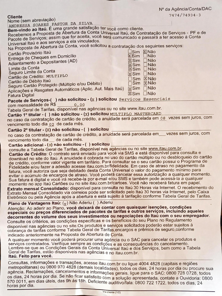 Abertura de Conta Universal Itaú | PDF | Cheque (banco) | Cartão de crédito